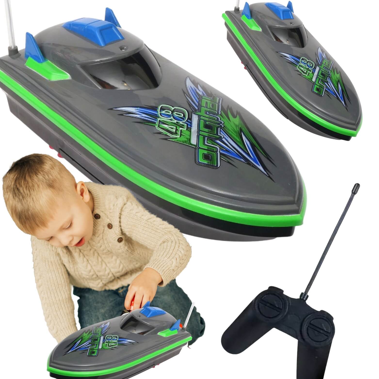 Barca cu telecomanda, Baterie, Negru/Verde - eMAG.ro