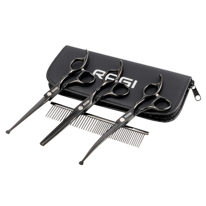 Set profesional de 3 foarfece din otel negru RAGI cu pieptene si husa ...