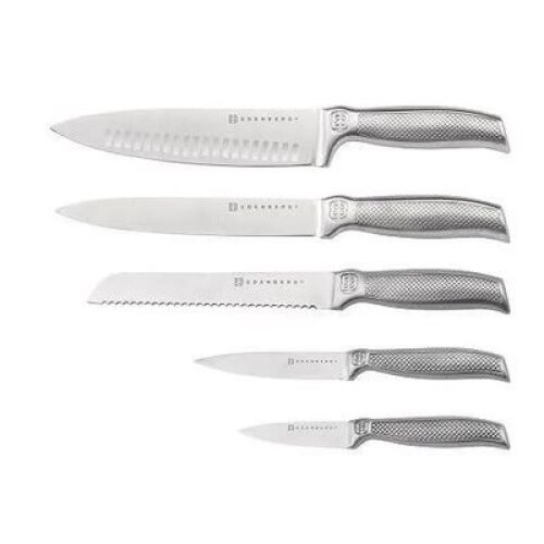 Set de cutite din inox si suport cu design modern, Argintiu, 5 cutite ...