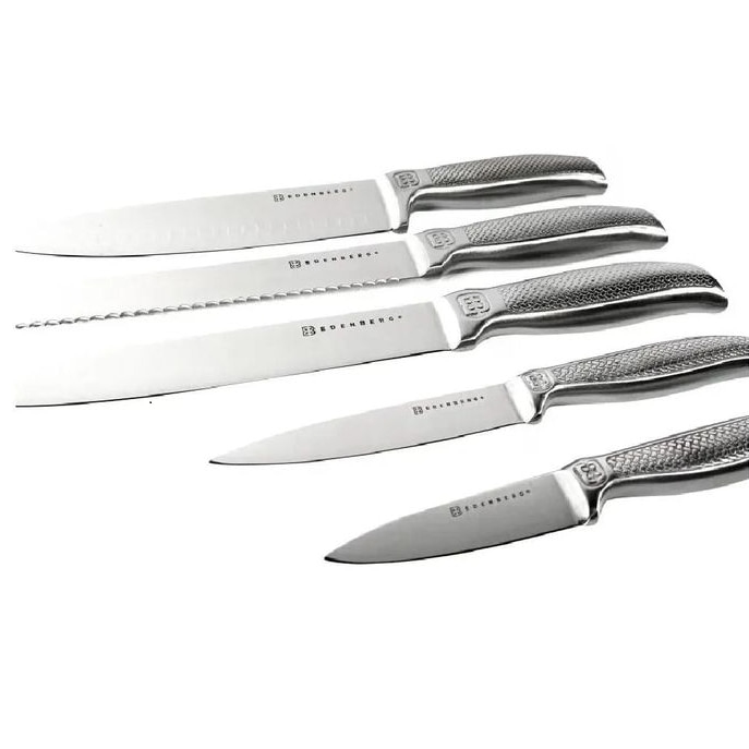 Set de cutite din inox si suport cu design modern, Argintiu, 5 cutite ...