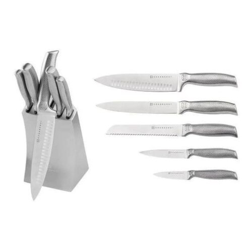 Set de cutite din inox si suport cu design modern, Argintiu, 5 cutite ...