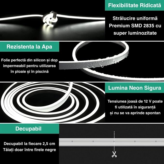 Banda Neon cu Led Alb Rece, Interior/Exterior, Rezistenta la Apa ...