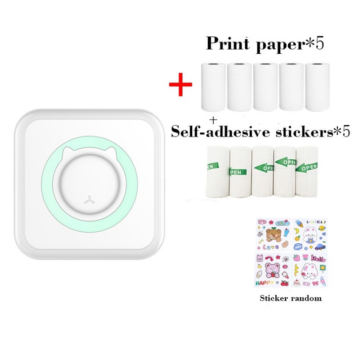 Set Mini imprimanta termica cu 5 Autocolante autoadezive, 5 Role hartie ...