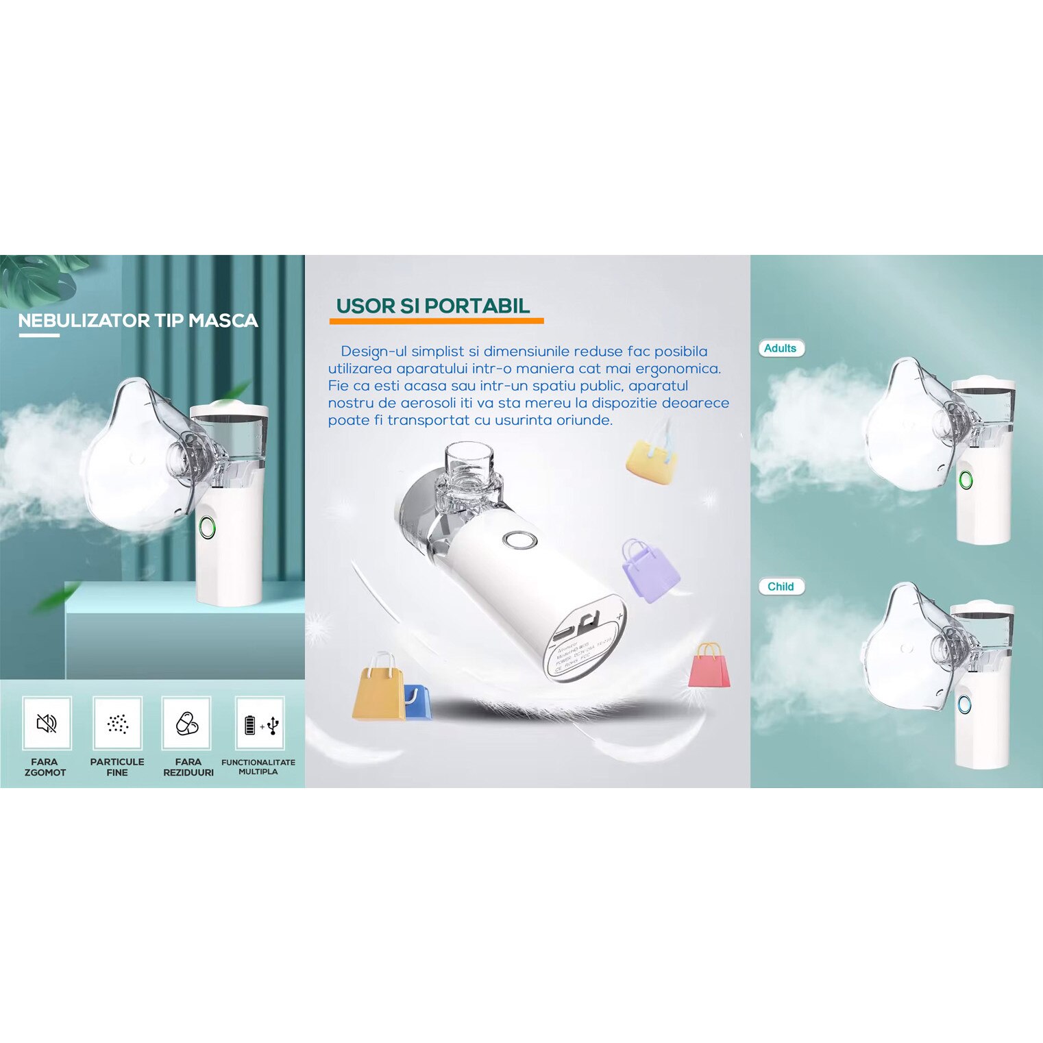 Aparat Aerosoli, Nebulizator portabil ultrasonic, Tehnologie Mesh, 0.4ml/min, Silentios, Culoare ...