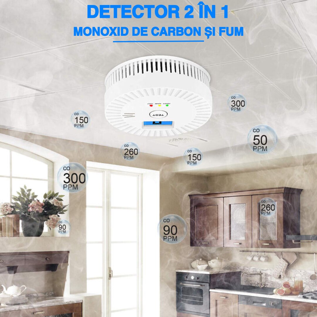 Detector 2 in 1 Monoxid de Carbon si Fum, Senzor dual, Display LED ...