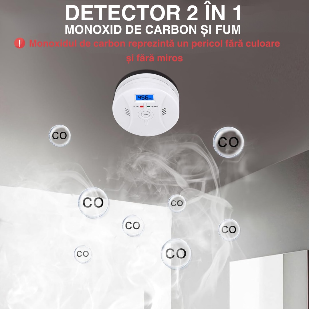 Detector 2 in 1 Monoxid de carbon si Fum, Senzor dual, Display LED ...