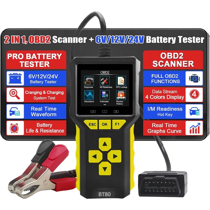 Tester auto universal 2 in 1, OBD2 si tester baterie, 6V, 12V, 24V ...