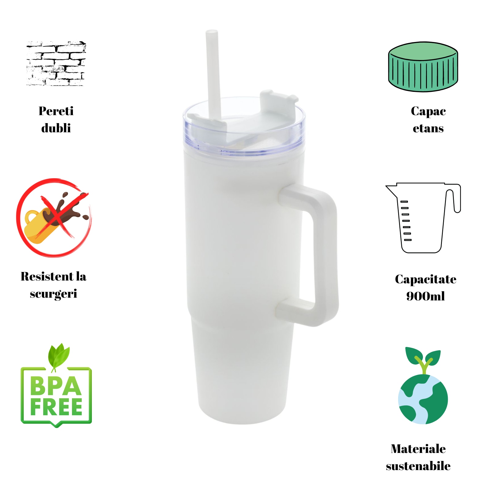 Cana cu maner si pai, 900 ml, materiale sustenabile, capac etans ...