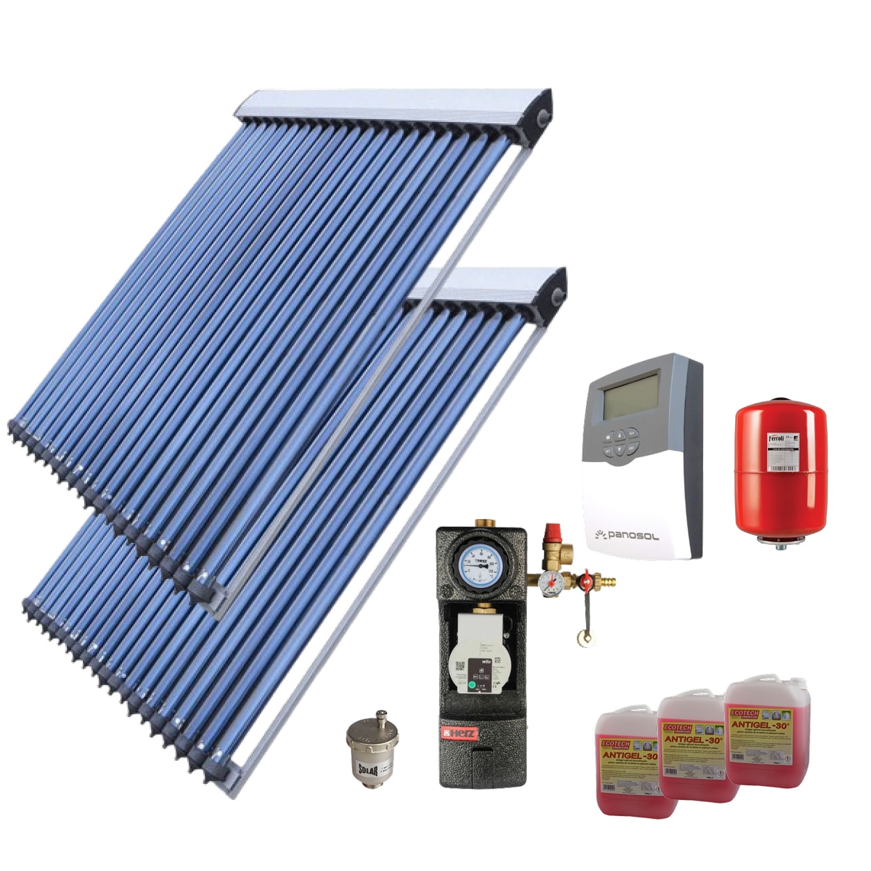 Pachet panouri solare apa calda Helis, 40 tuburi vidate si accesorii ...