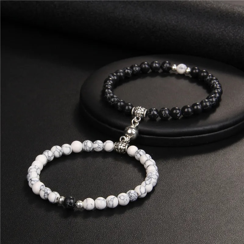 Set bratari cuplu cu inimioara magnet din roca, elastice, unisex ...