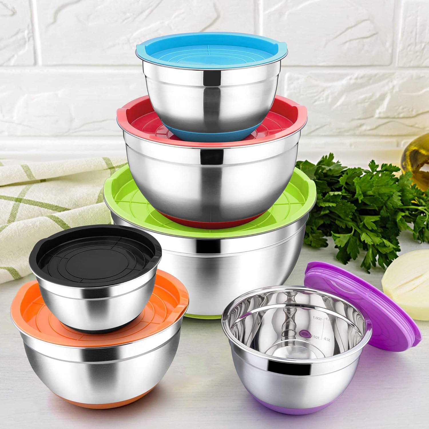 Set 6 boluri cu capace Mmgoqqt, fund din silicon antiaderent, inox, 0.8 ...