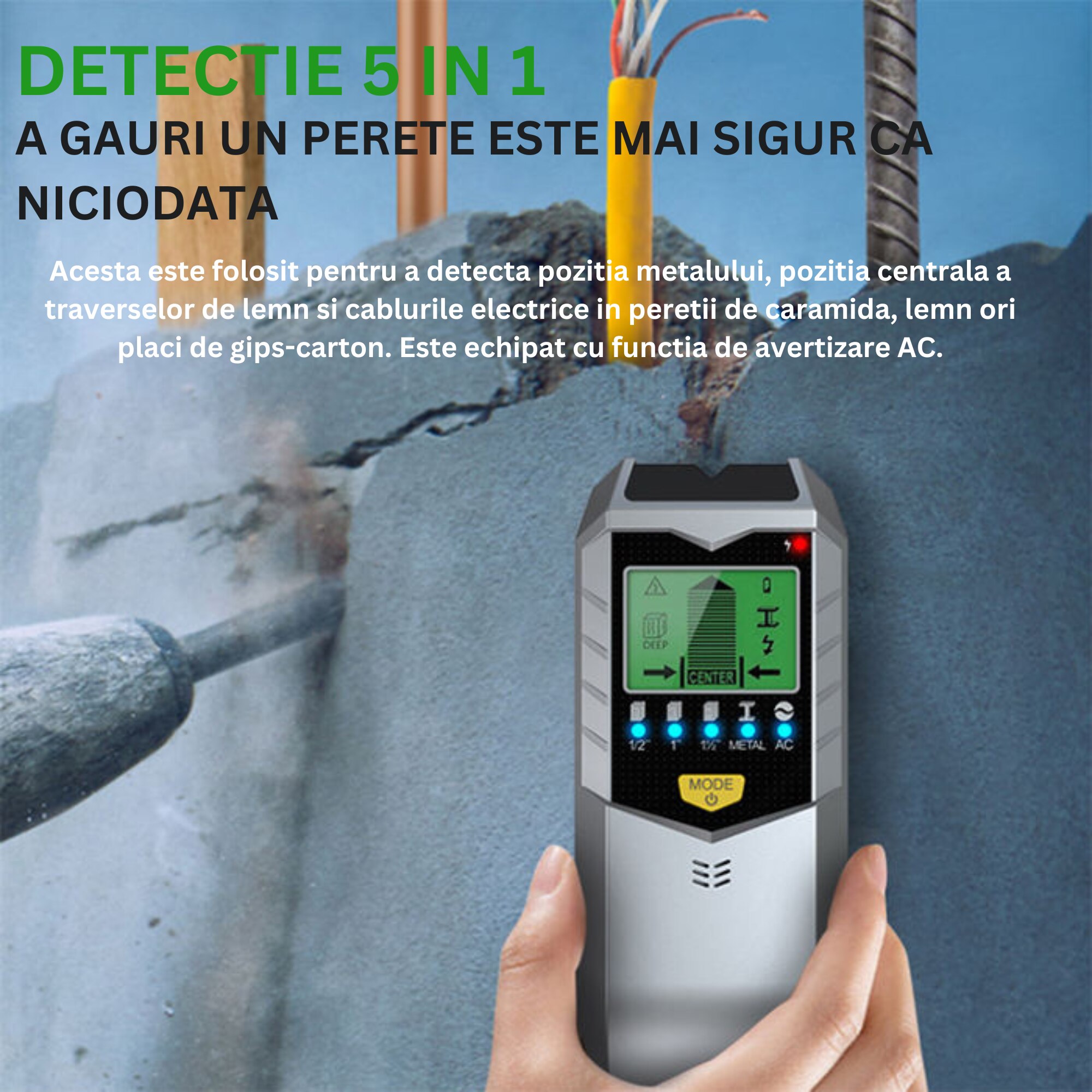 Detector 5-in-1, Scaner de Perete, Localizare Cabluri Electrice, Metale, Lemn, Profile Rigips ...
