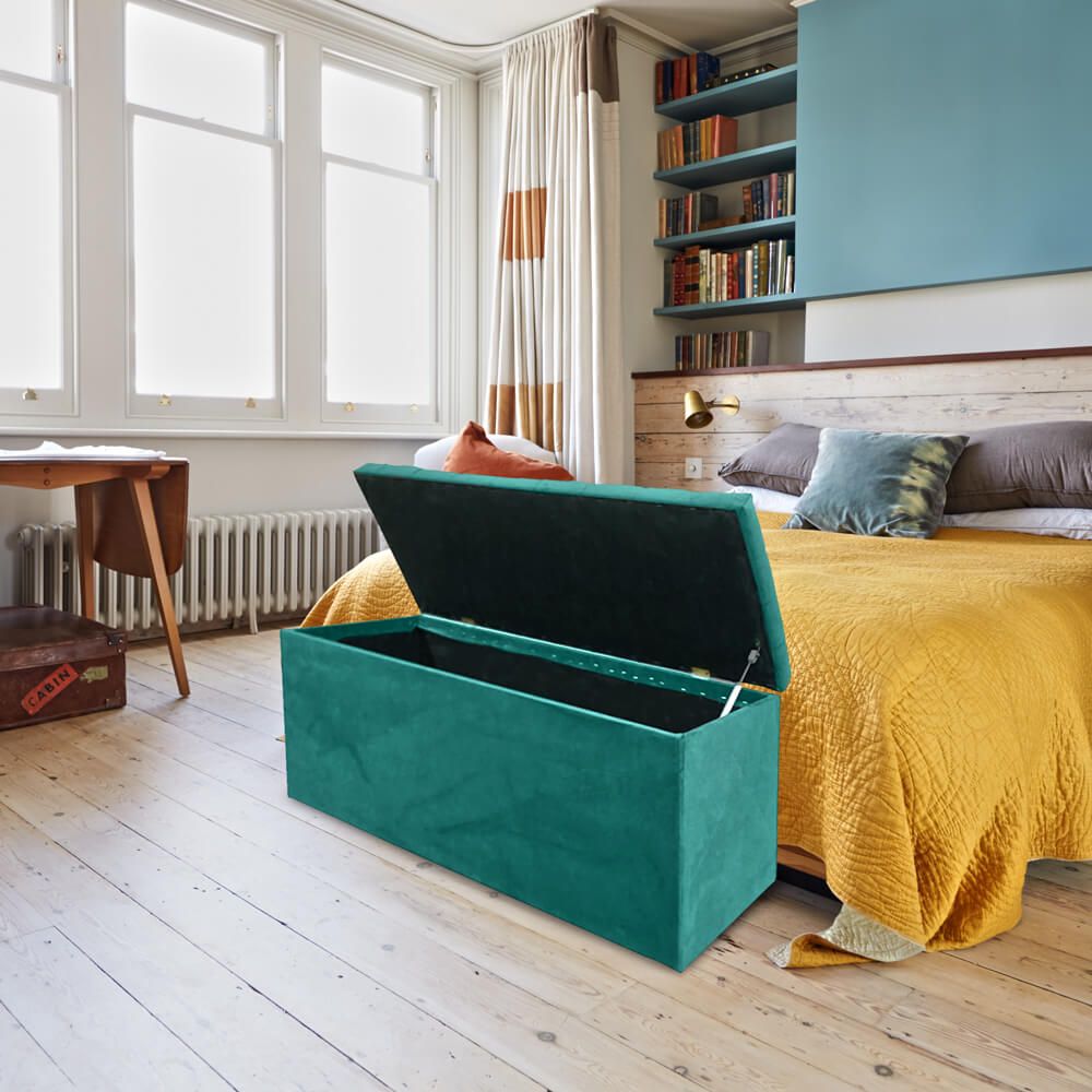 Bancheta cu spatiu depozitare Cozy, 120 x 42 x 46 cm, catifea, verde ...