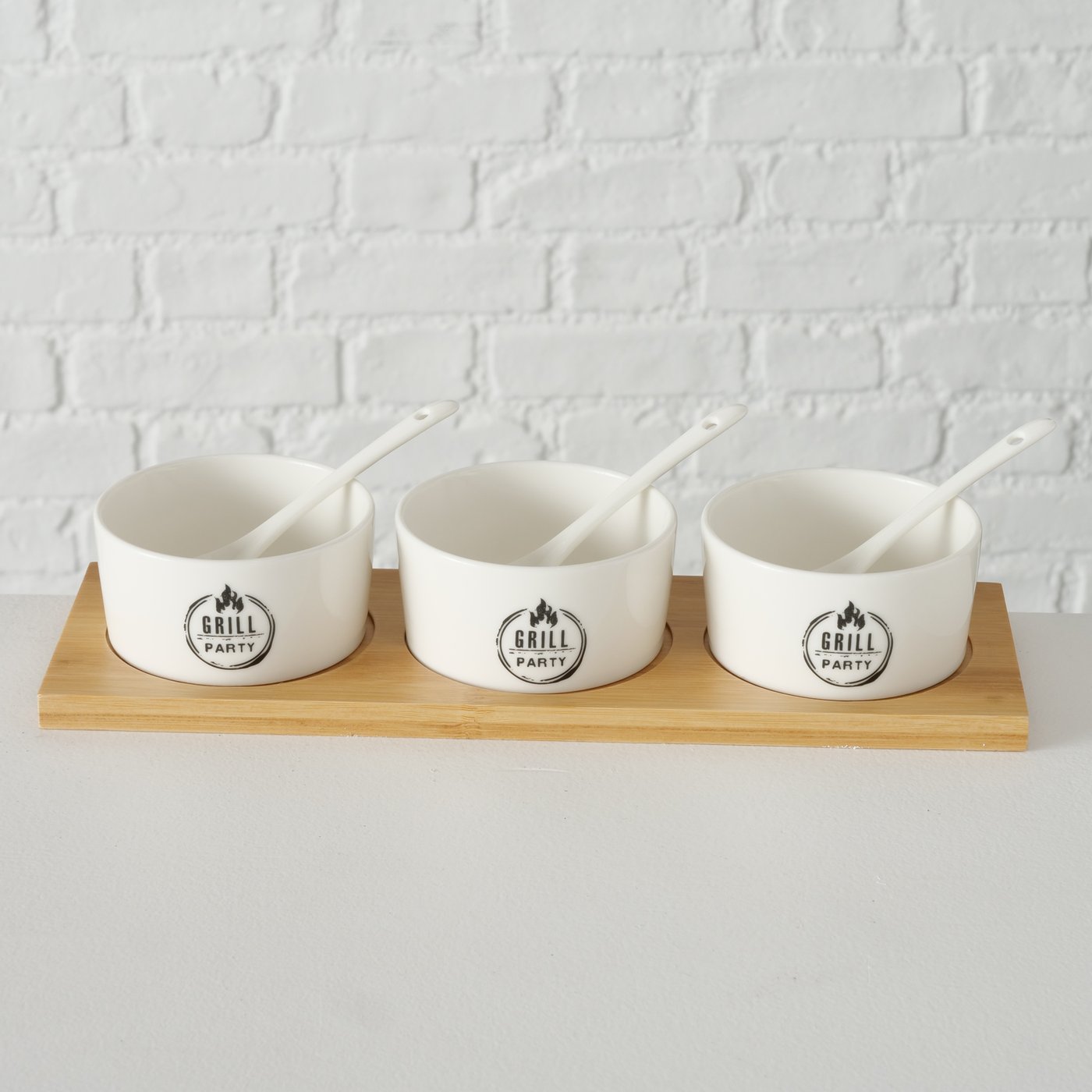 Set 3 boluri cu suport din lemn si lingurite, alb/maro, din bambus ...