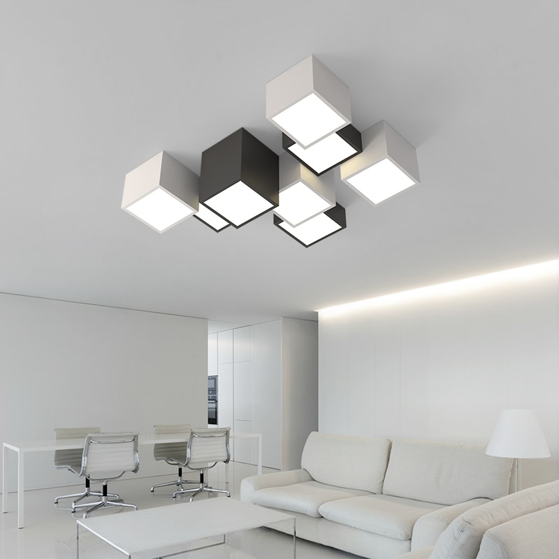 Lustra LED, 8 corpuri patrate, alb – negru, 96W, lumina rece, 67x52x18 ...