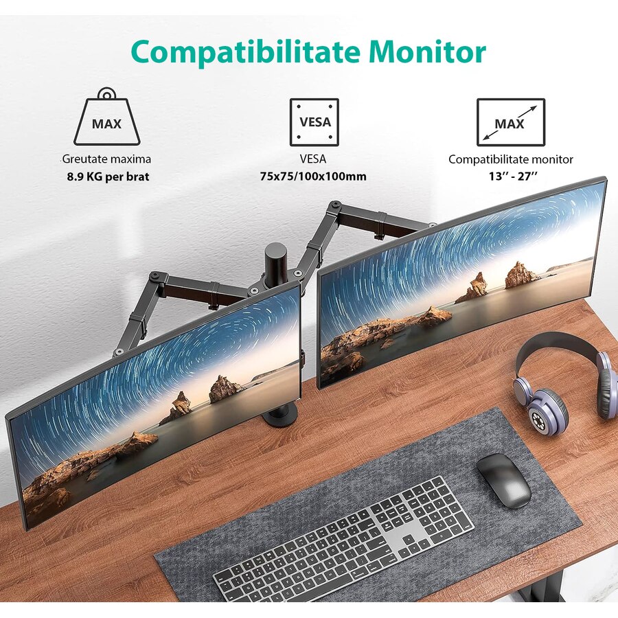 Suport birou 2 monitoare amXea M17 Negru, pentru monitoare 13"-32" pana ...