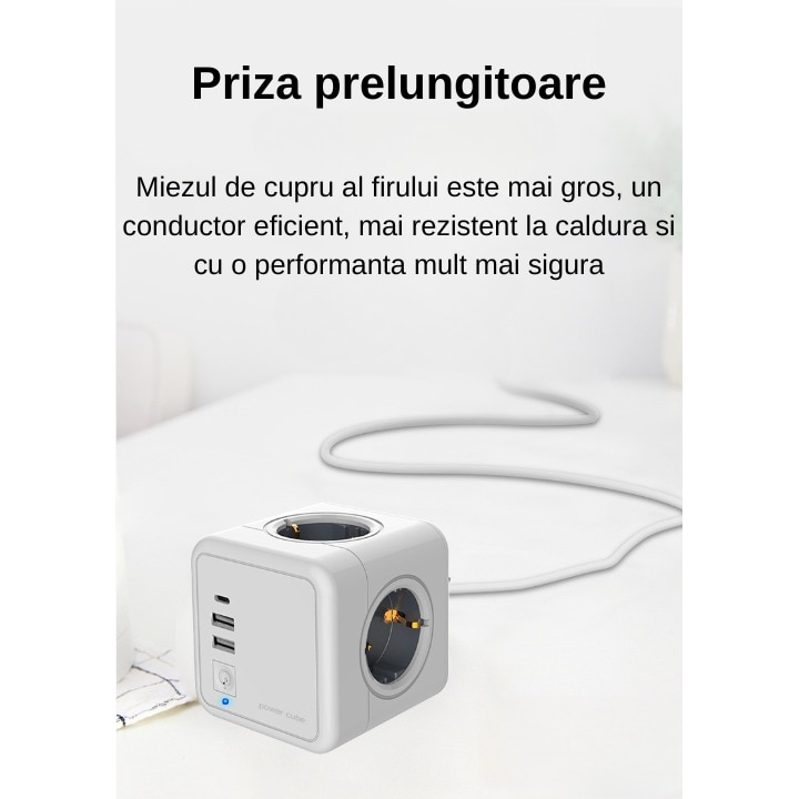 Priza cub VIS, cu cablu 1.4 metri, capacitate 4 prize EU, 2xUSB, 1 Type ...