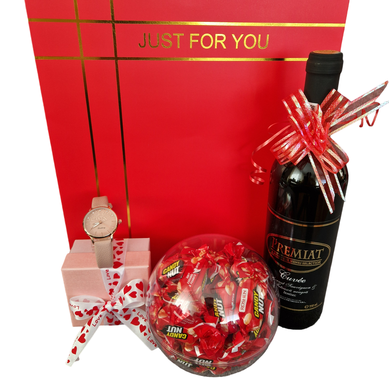 Pachet cadou dama cu ceas roz pudra, bomboane Roshen, vin Premiat ...
