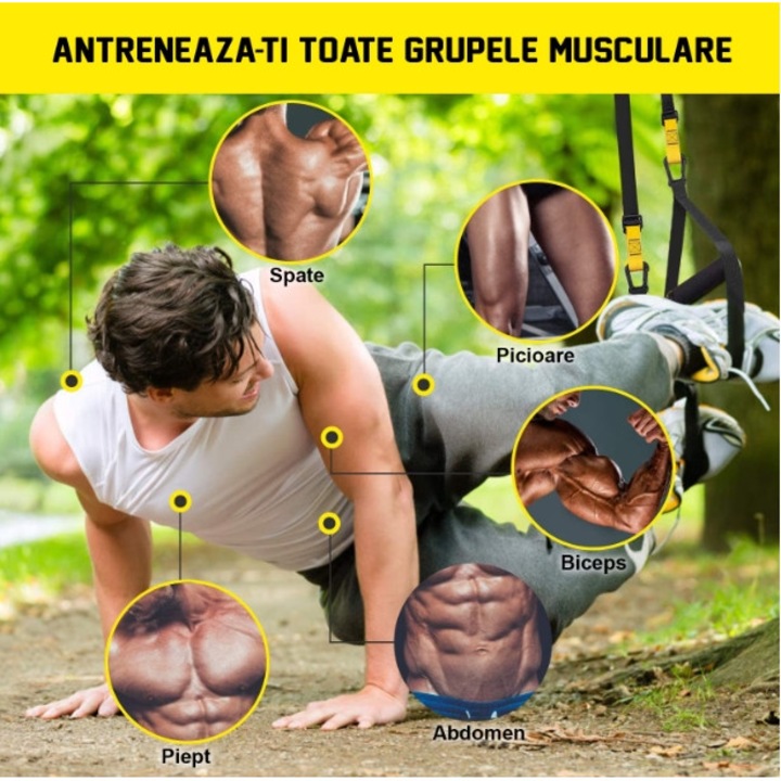 Set sistem de suspensie tip TRX pentru fitness, exercitii, yoga, gimnastica de recuperare ...