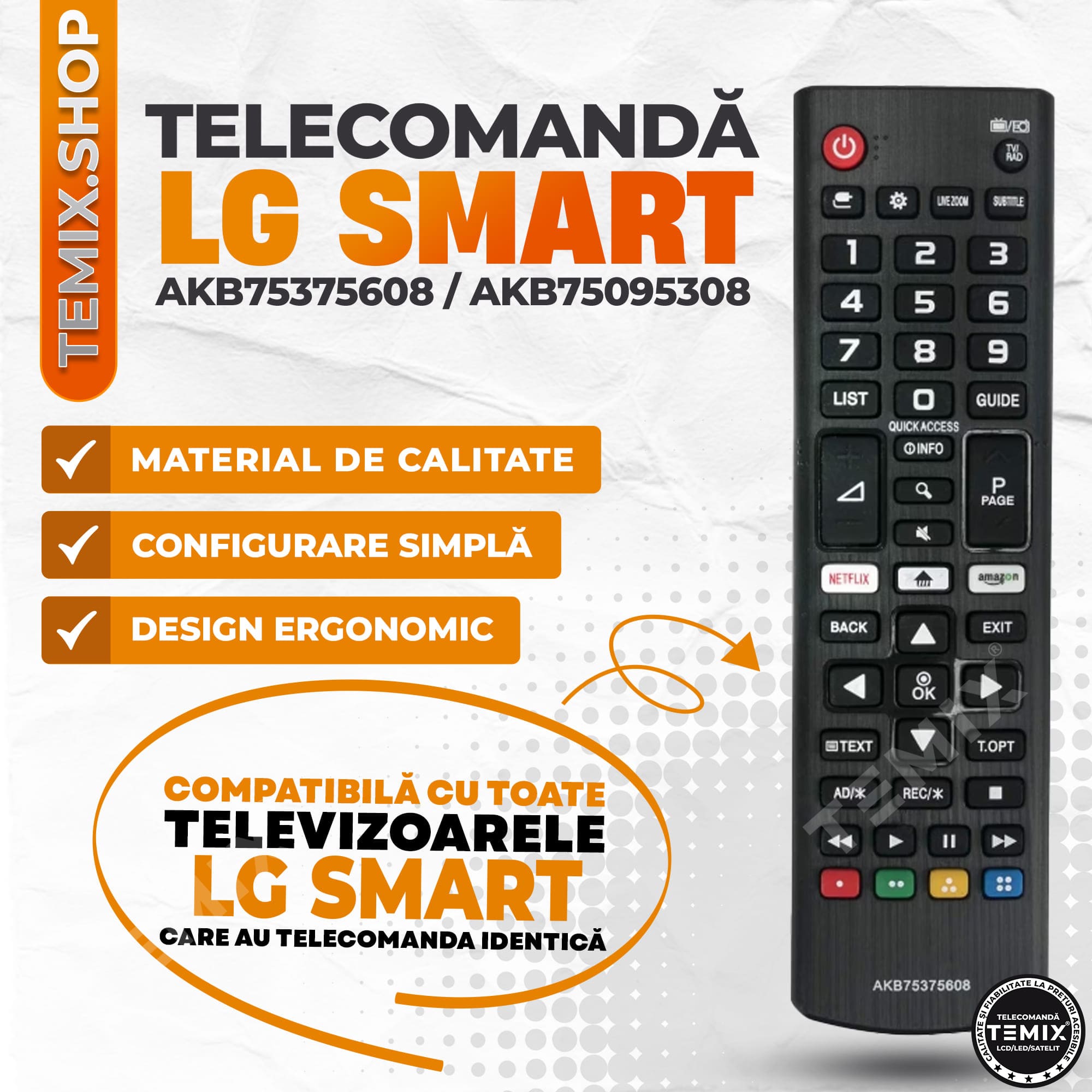 Telecomanda universala LG, compatibila cu toate televizoarele LG LCD/LED Smart, AKB75095308 ...