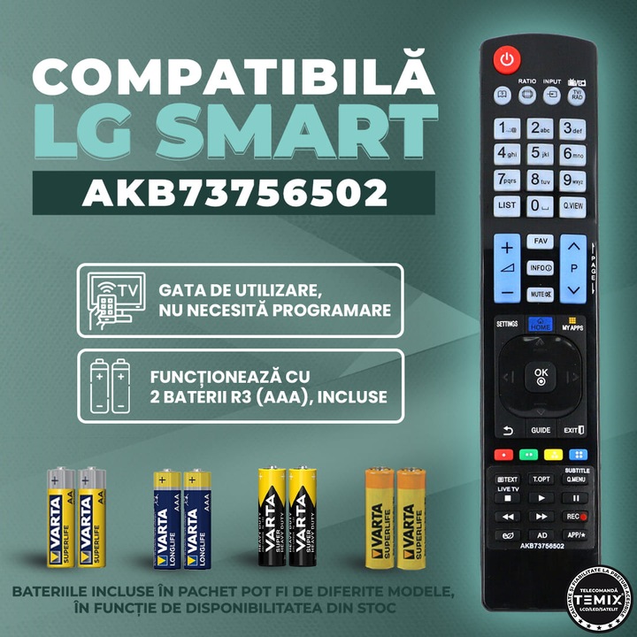Telecomanda compatibila LG Smart, AKB73756502, butoane dedicate 3D, My apps, Smart, TEMIX ...