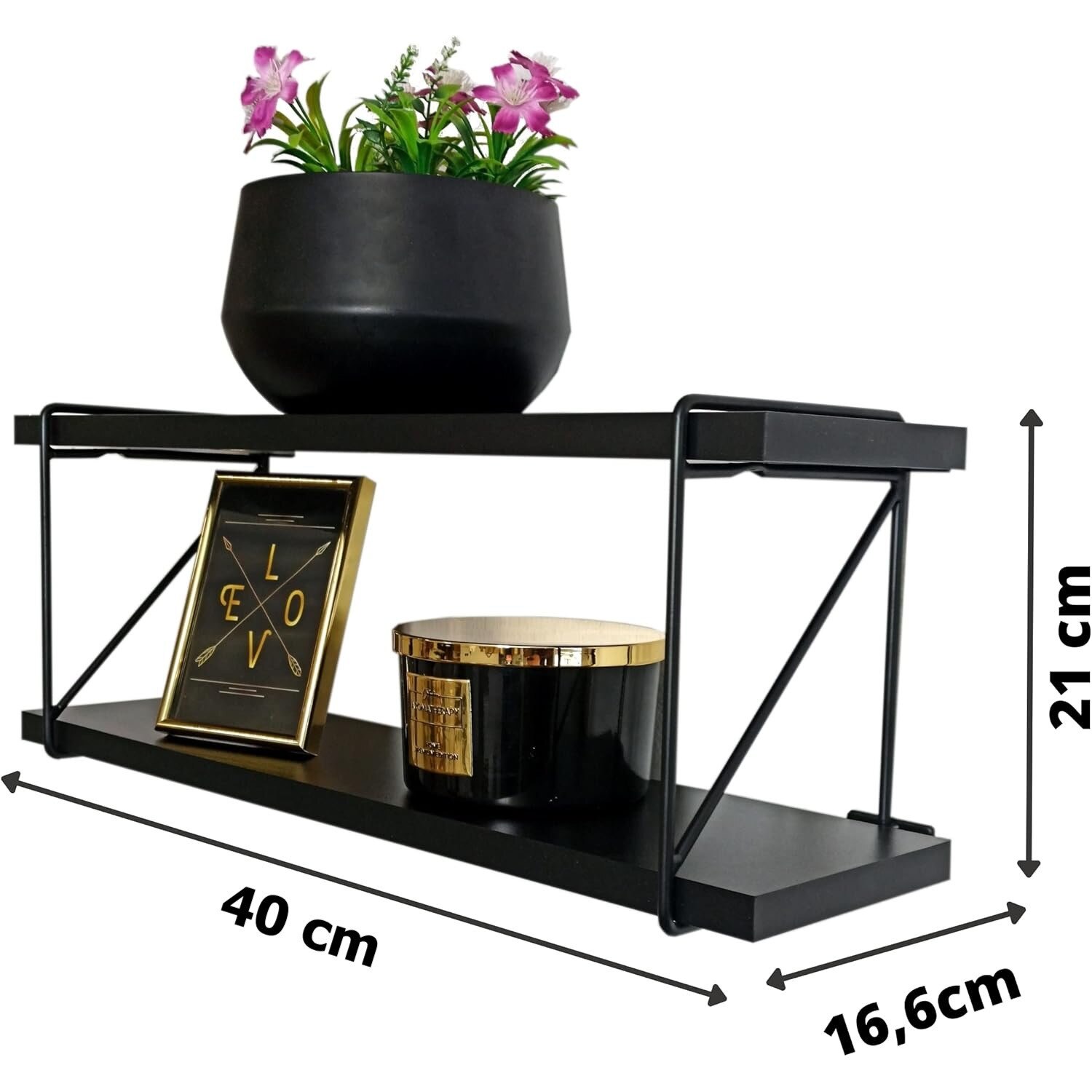 Set 2 Polite cu Console Metalice Pentru Perete, Negru, 40 x 15 cm - eMAG.ro