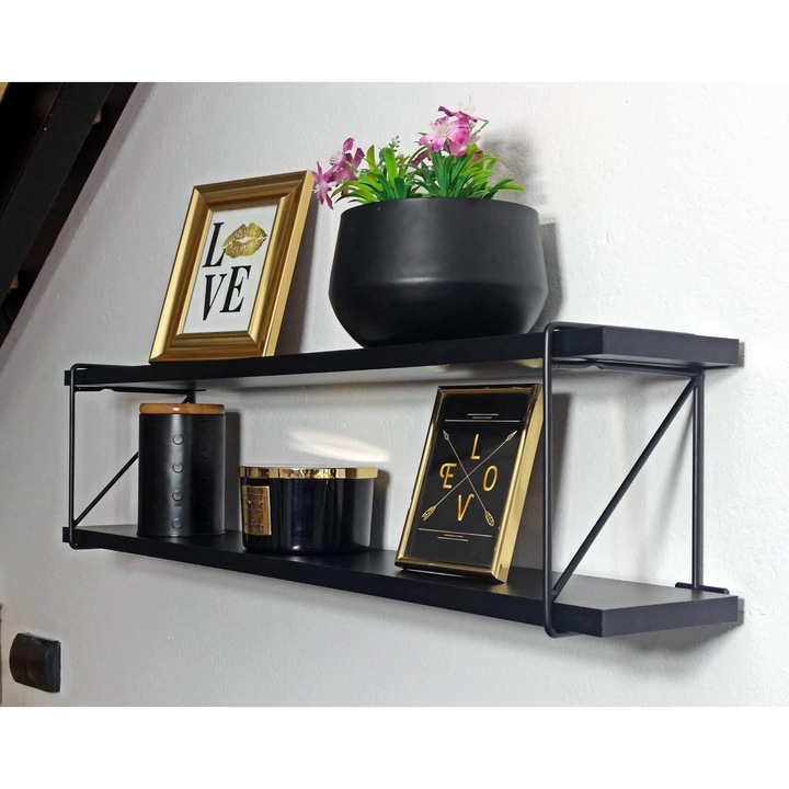 Set 2 Polite cu Console Metalice Pentru Perete, Negru, 100 x 15 cm ...