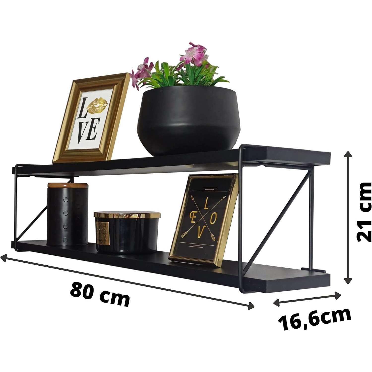 Set 2 Polite cu Console Metalice Pentru Perete, Negru, 80 x 15 cm - eMAG.ro