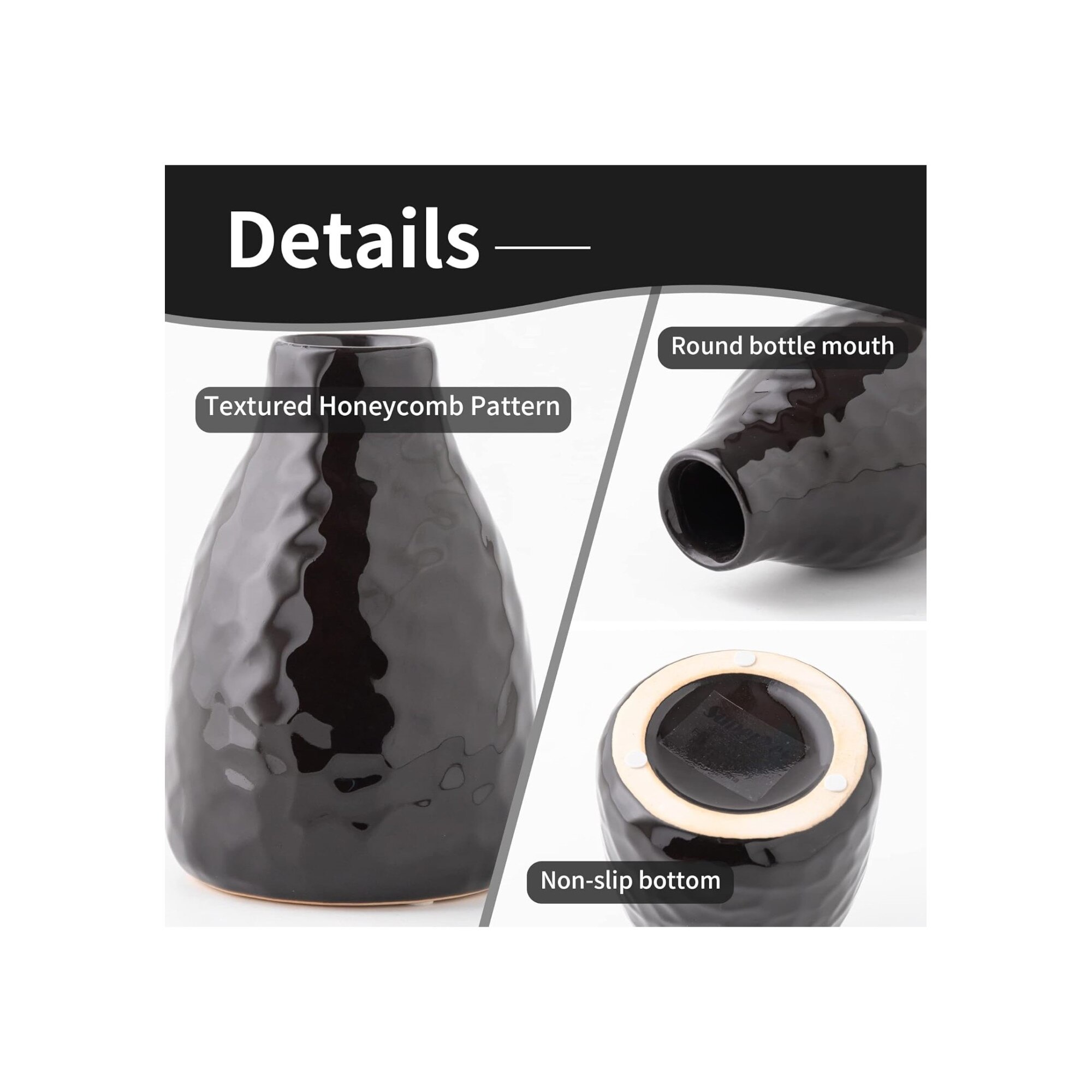 Set 3 vaze decorative negre, Ceramica, Design HoneyComb, 14 x 9.4 cm ...