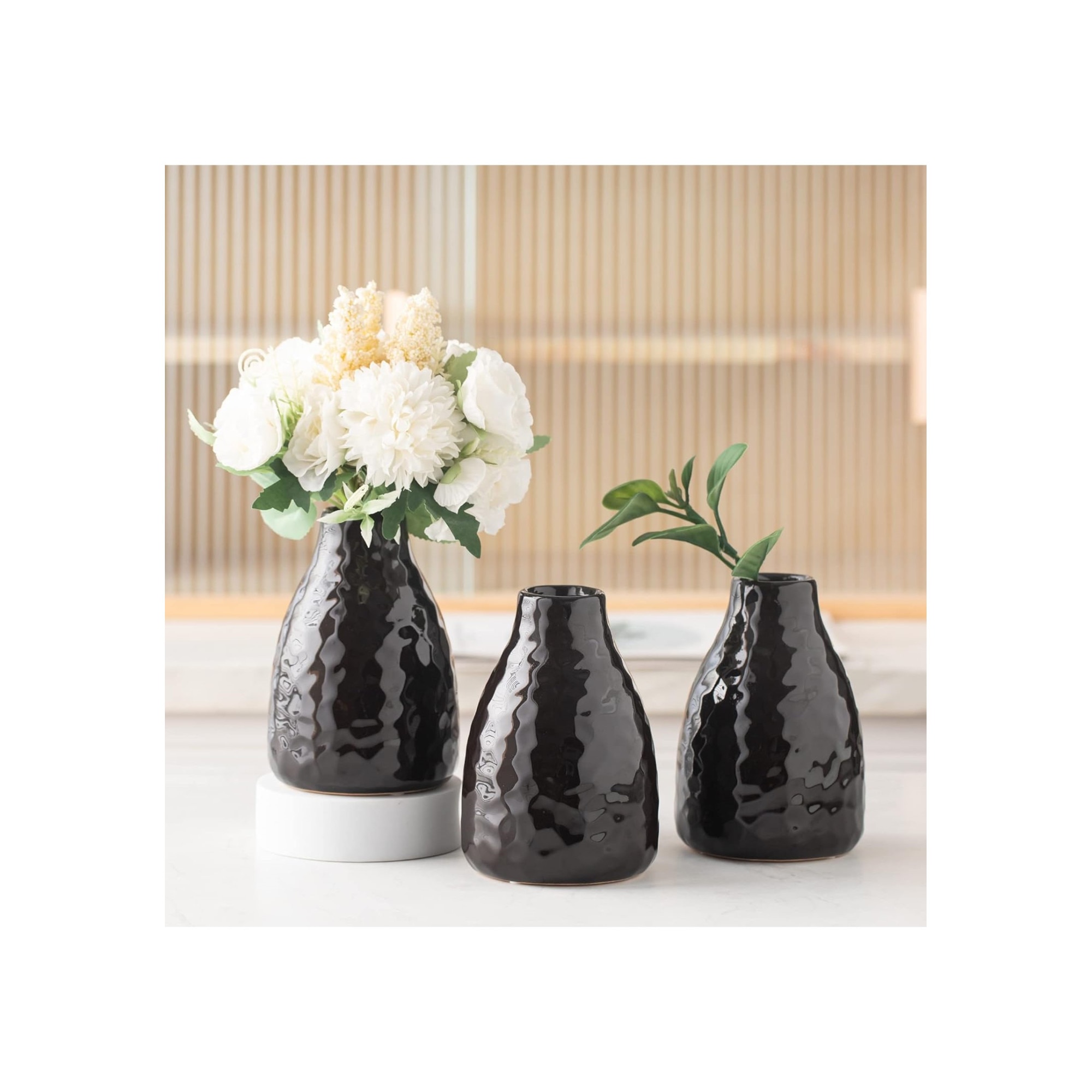 Set 3 vaze decorative negre, Ceramica, Design HoneyComb, 14 x 9.4 cm ...