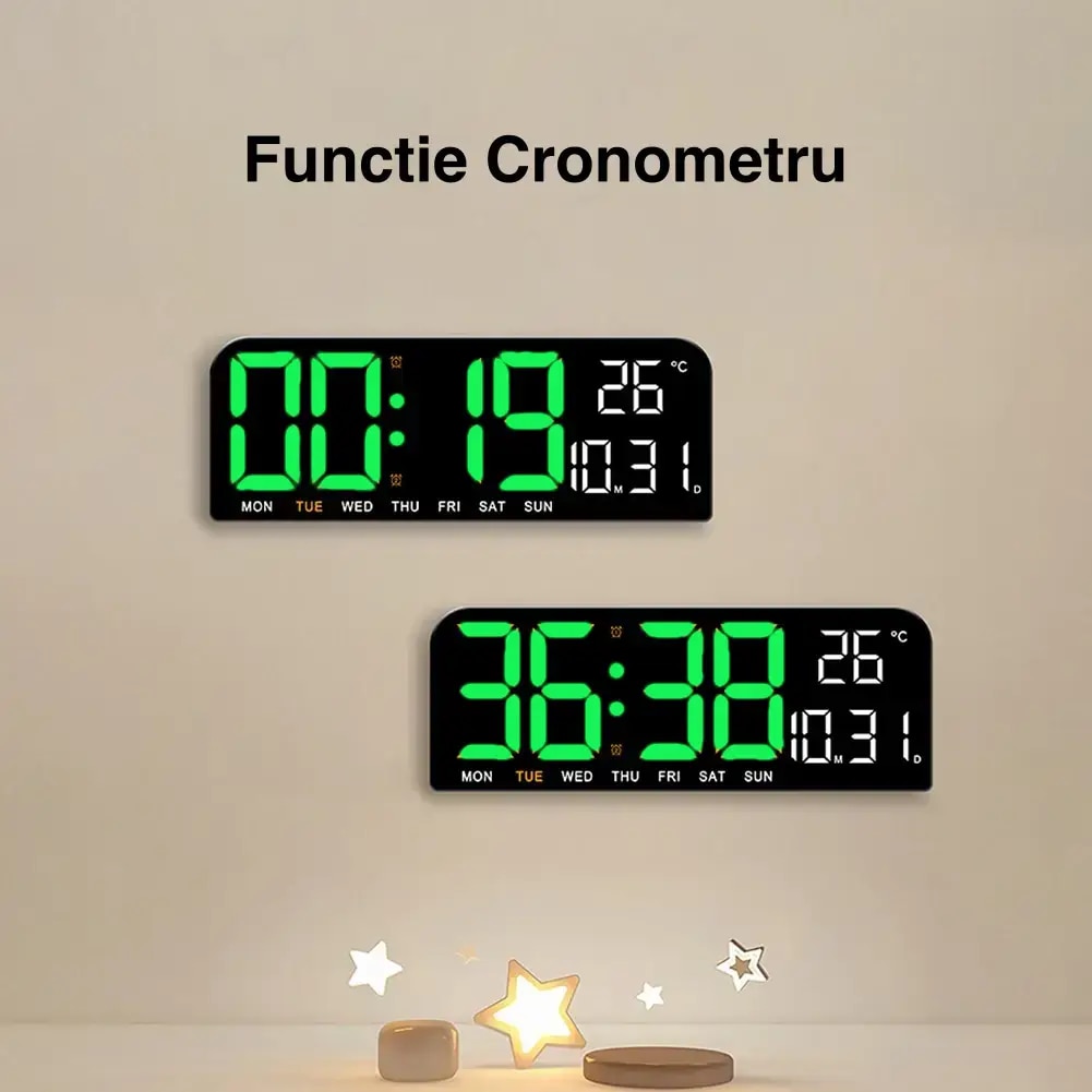 Ceas Digital de Masa si de Perete cu Lumina Led Verde, Calendar, Cronometru, Temperatura, Alarma ...