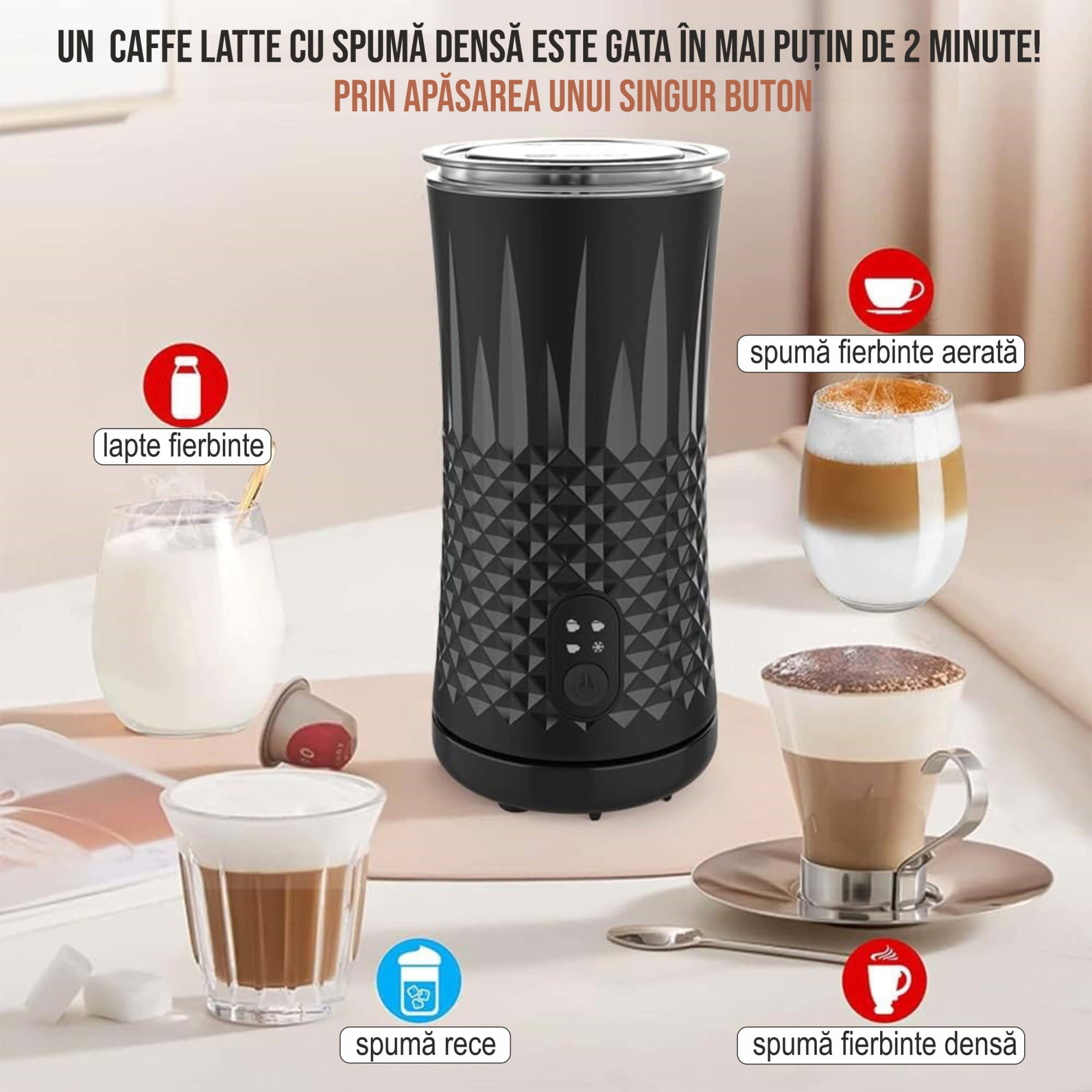 Aparat spuma lapte 4 in 1 pentru cafea tip Milk Frother, GABOS™, 240 ml ...