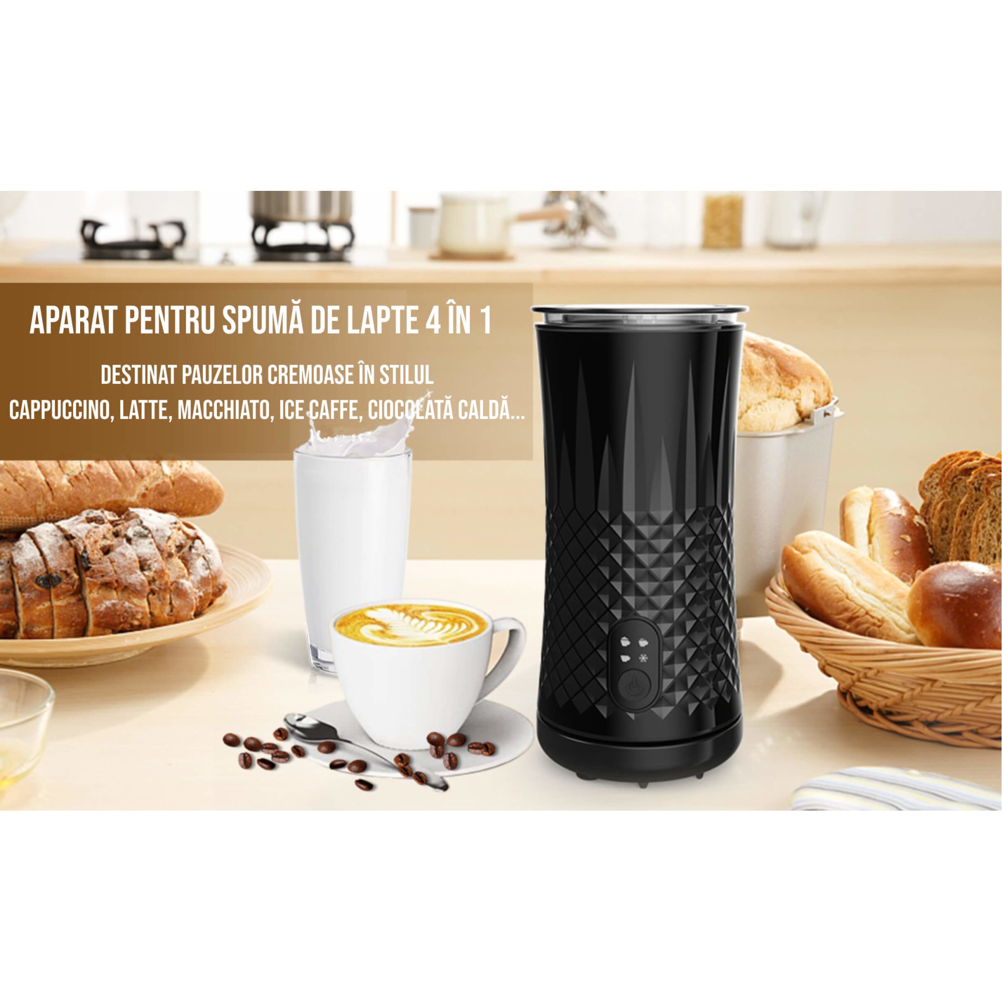 Aparat spuma lapte 4 in 1 pentru cafea tip Milk Frother, GABOS™, 240 ml ...