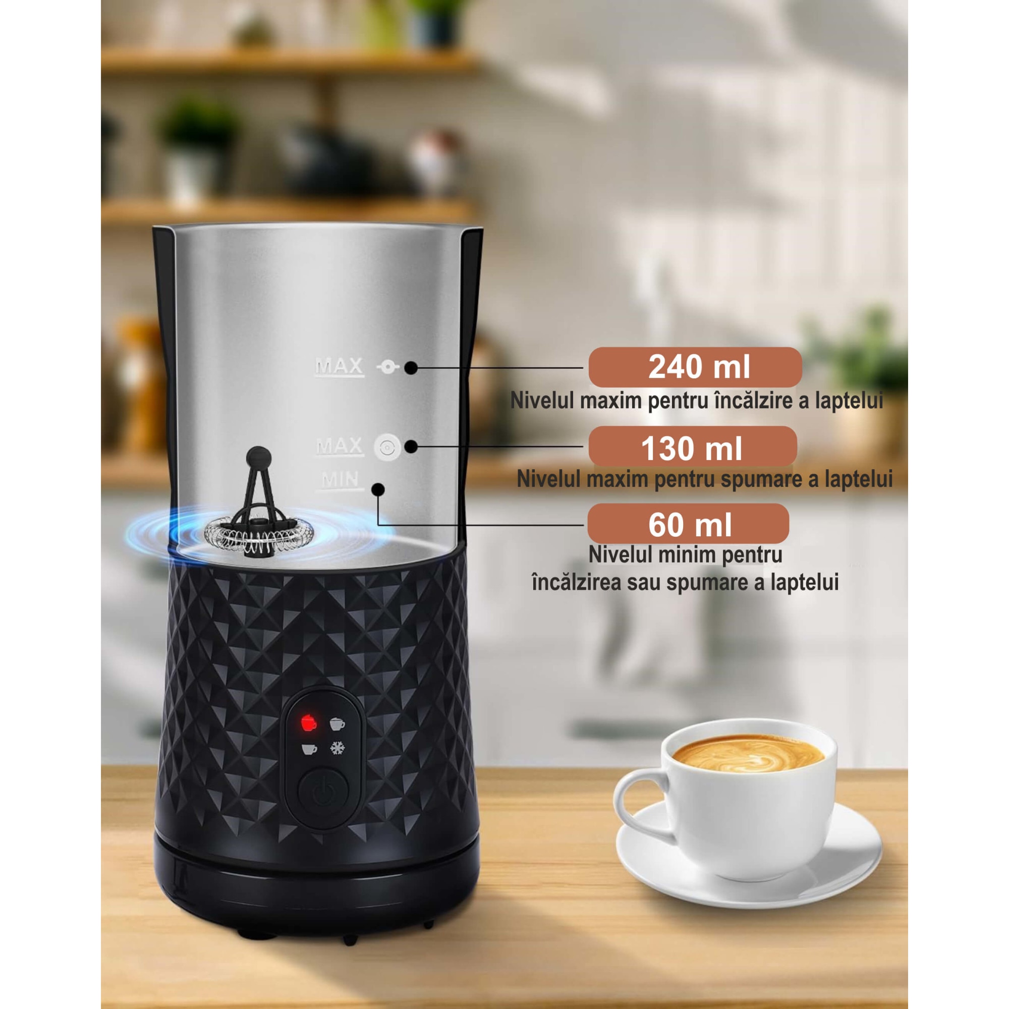 Aparat spuma lapte 4 in 1 pentru cafea tip Milk Frother, GABOS™, 240 ml ...