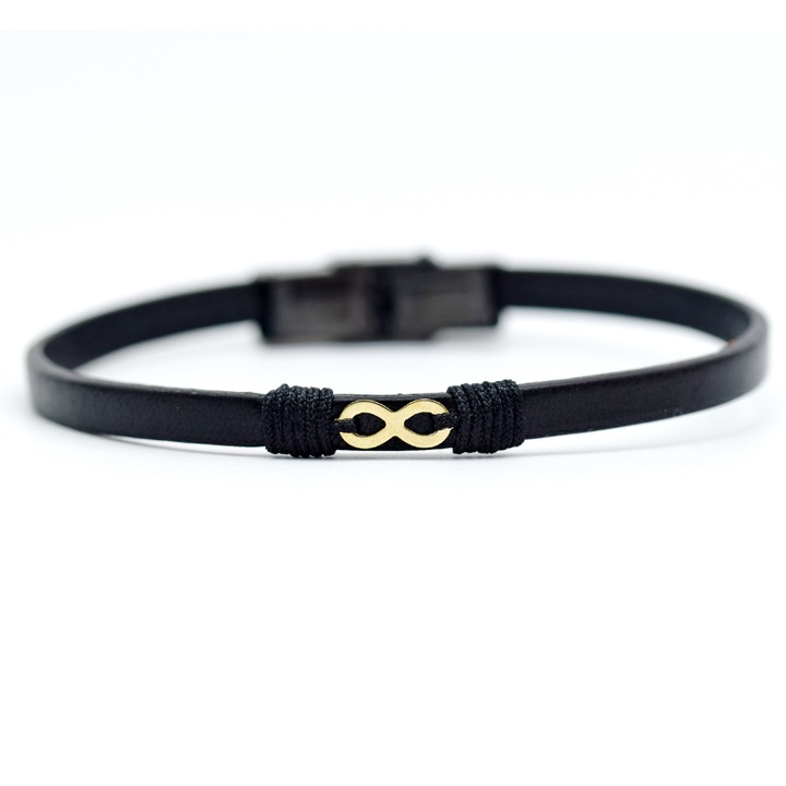 Bratara piele naturala neagra simbol Infinit - Aur 14k - eMAG.ro
