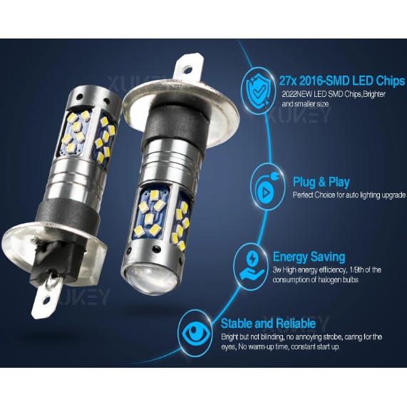 Set 2 becuri auto LED H1 cu lupa, 60W, 27 SMD, 12V, 6000K, BZRSH - eMAG.ro