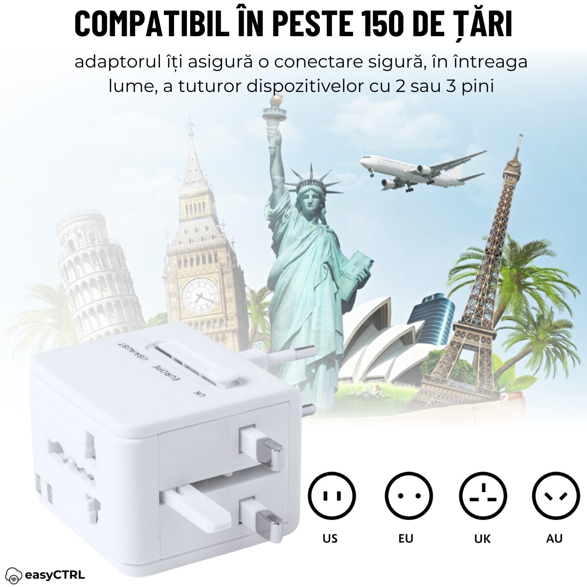 Adaptor Priza Universal EU / UK / USA / AUS, 2 porturi USB-A, 1500W ...
