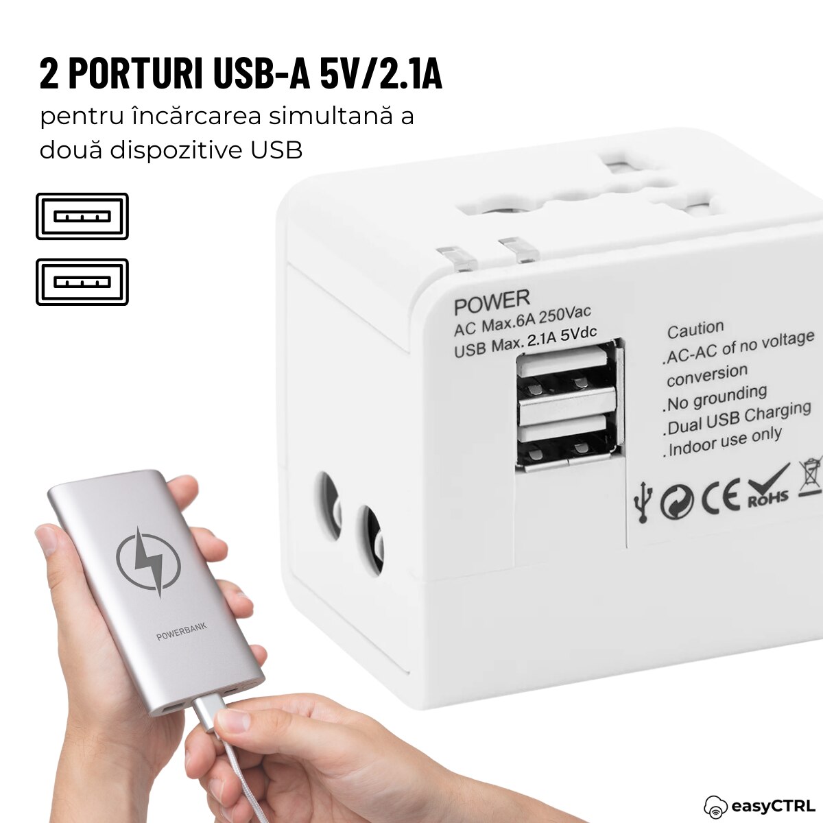 Adaptor Priza Universal EU / UK / USA / AUS, 2 porturi USB-A, 1500W ...