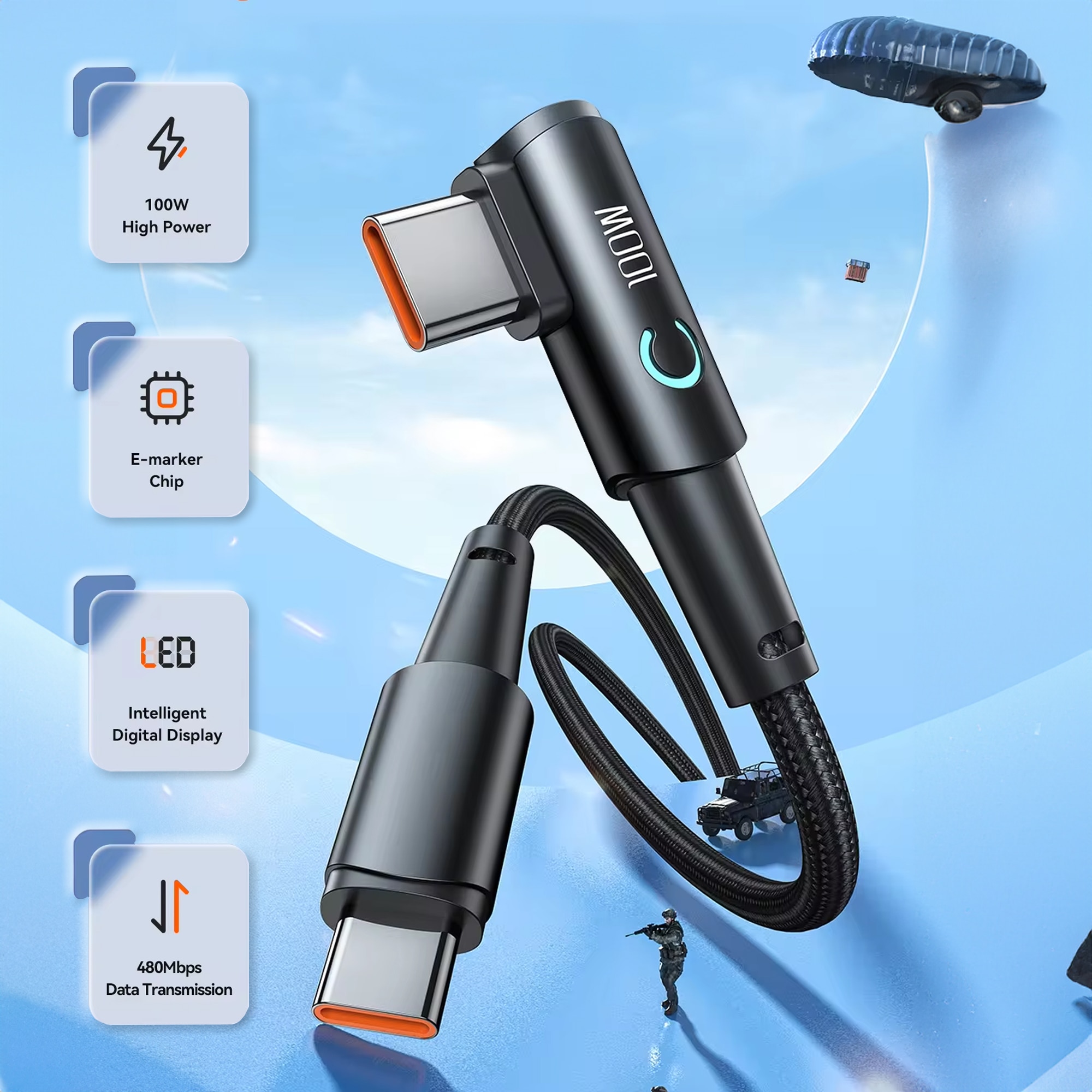 Töltő- és adatátviteli kábel, Timebox, gyorstöltés 100 W, 90°-os forgatás, 480 Mbps, 2 m, Smart ...