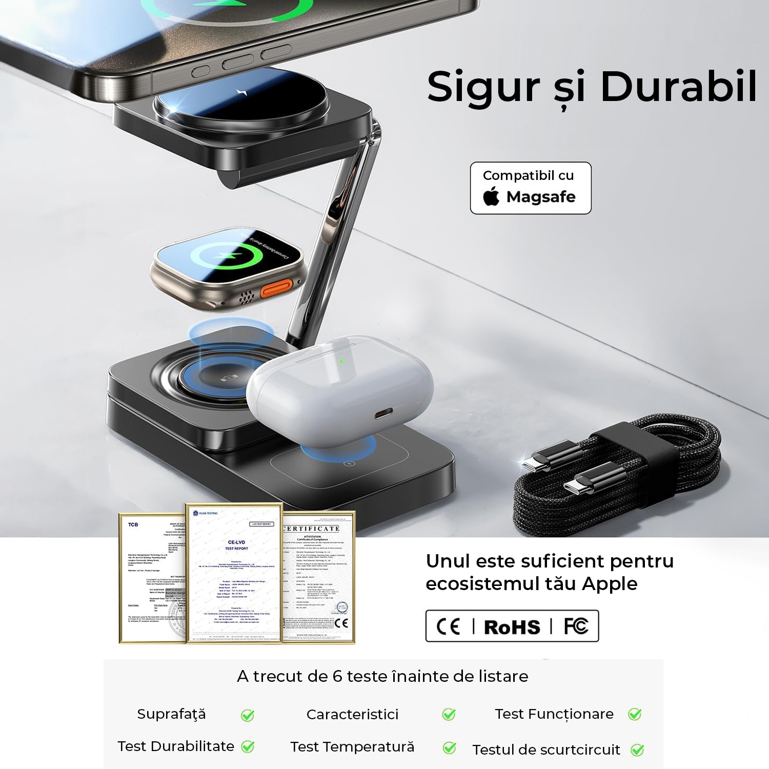 Incarcator Wireless 3 in 1 pliabil, reglabil pe inaltime, pentru ...