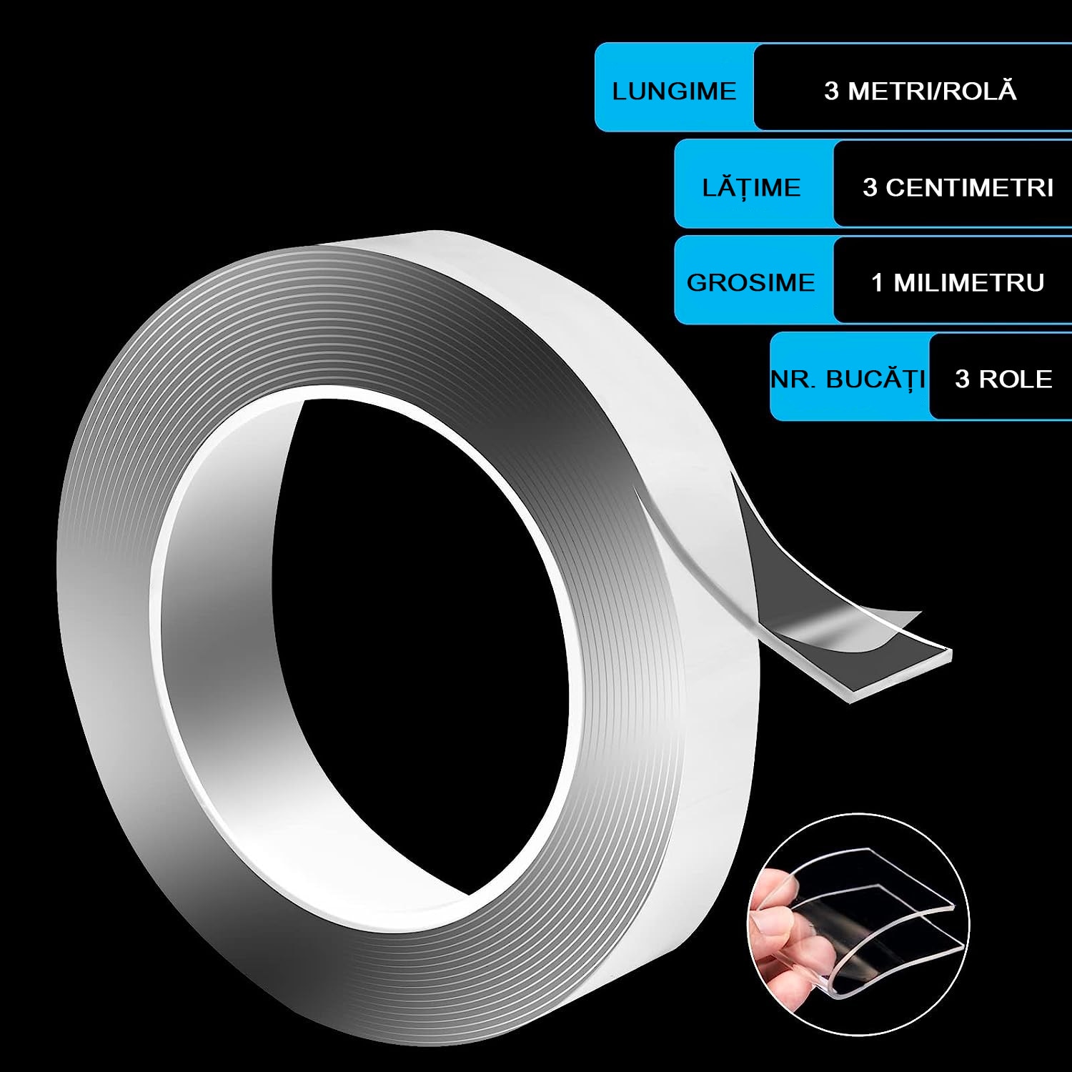 Set 3 x Banda dublu adeziva, transparenta, rezistenta la apa, siliconica, latime 3 cm, lungime 3 ...