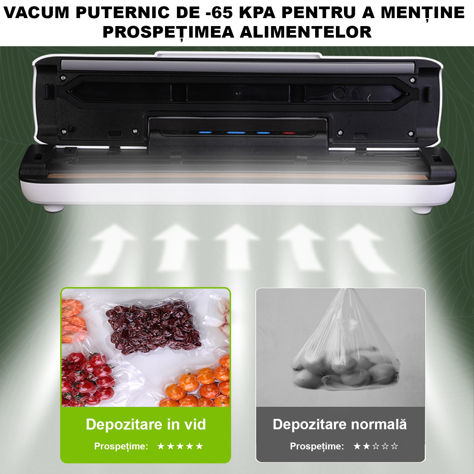 Aparat de Vidat si Sigilat Alimente Novary®, Portabil, 3 Moduri Vidare, Presiune -65kPa, Bara de ...