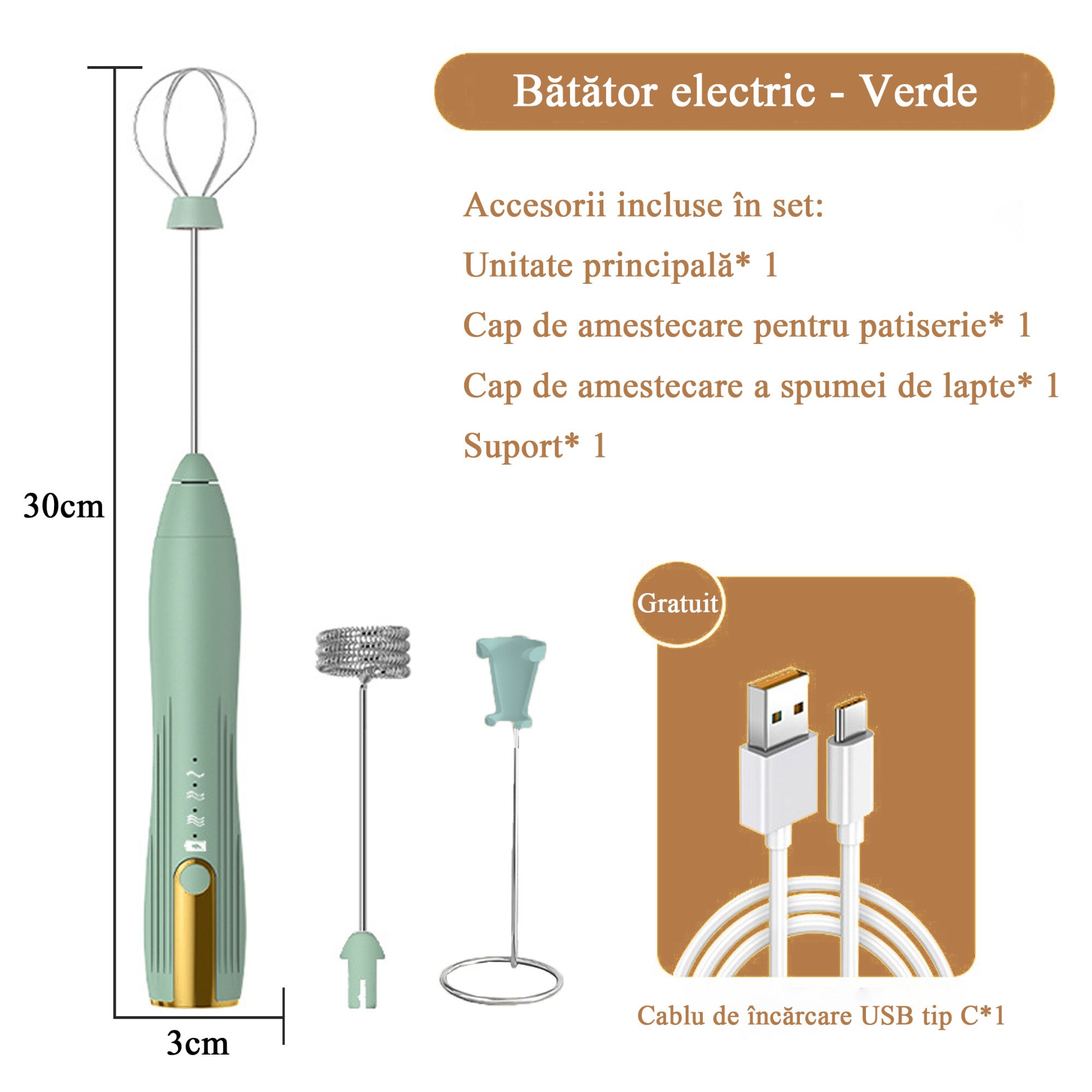 Mixer spumator de lapte 2 in 1, Yulinland®, acumulator reincarcabil USB ...
