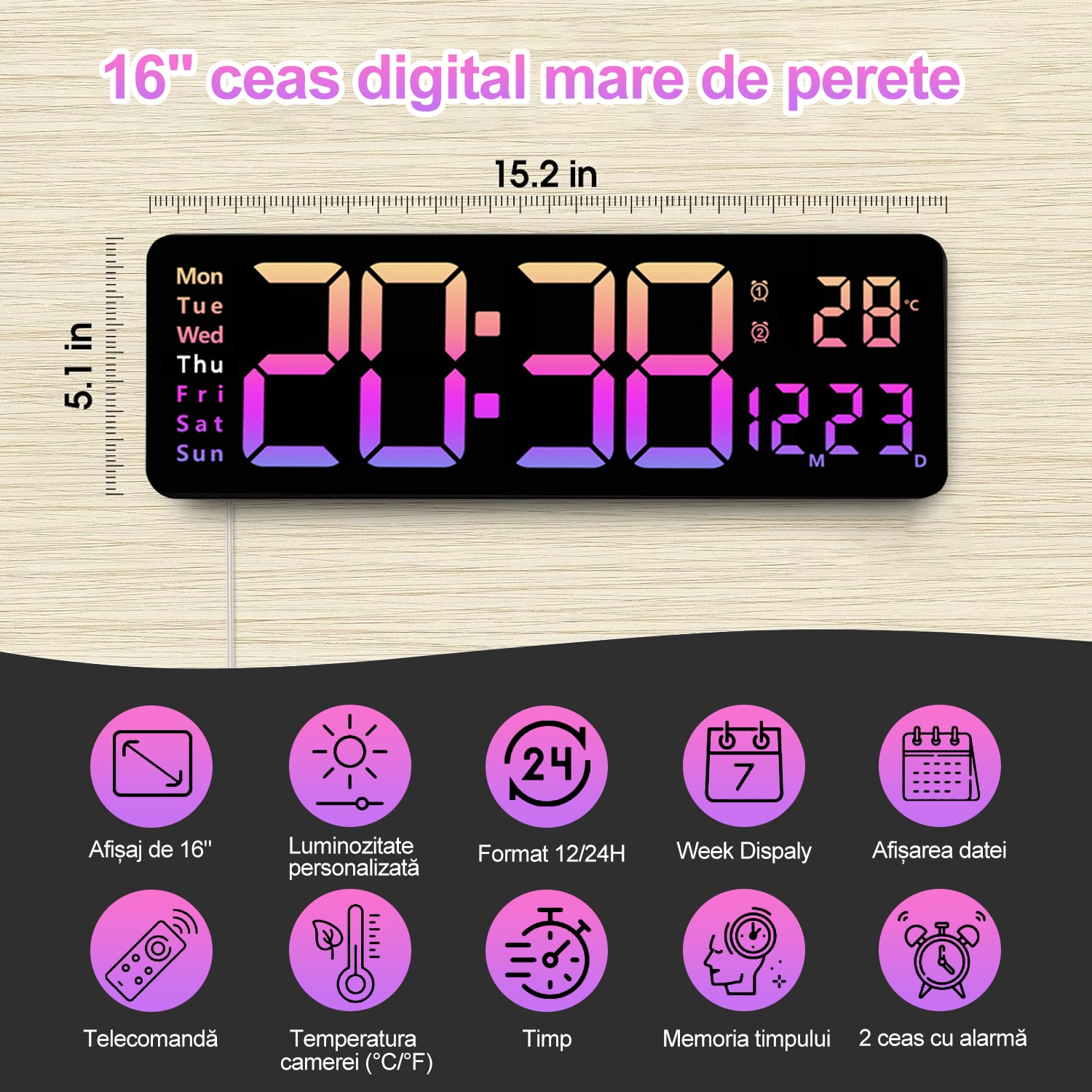 Ceas Digital de Perete cu Led, SDLOGAL, Ecran mare de 16 inchi cu ...