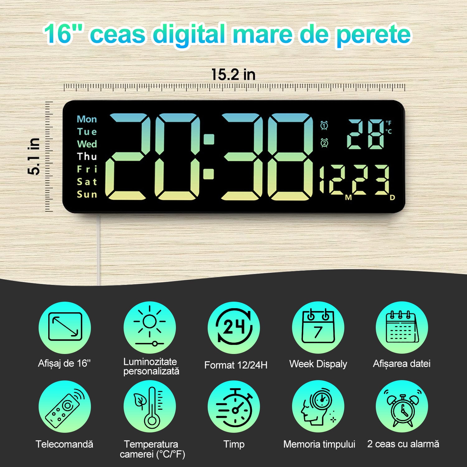 Ceas Digital de Perete cu Led, SDLOGAL, Ecran mare de 16 inchi cu ...