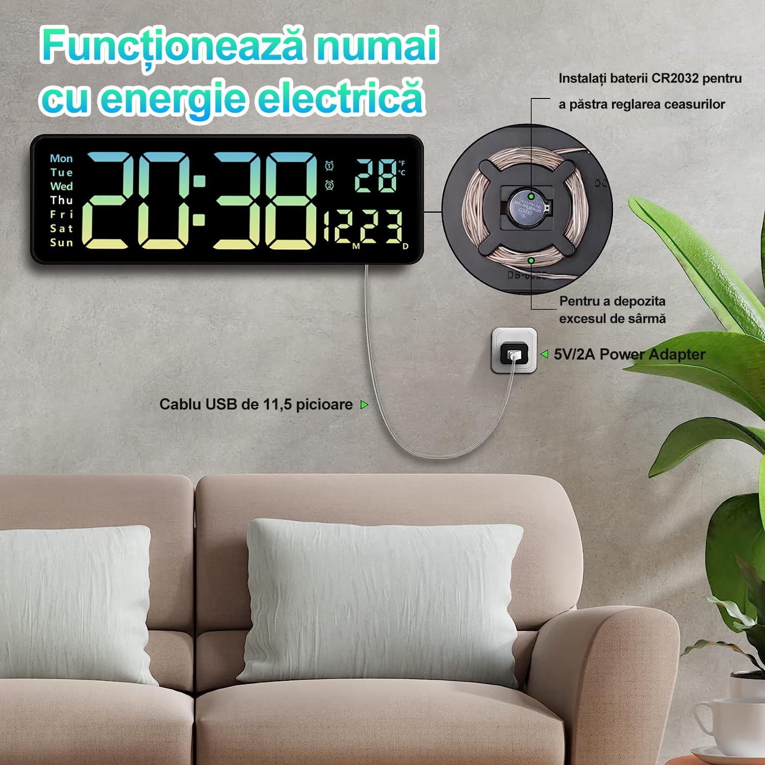 Ceas Digital de Perete cu Led, SDLOGAL, Ecran mare de 16 inchi cu ...