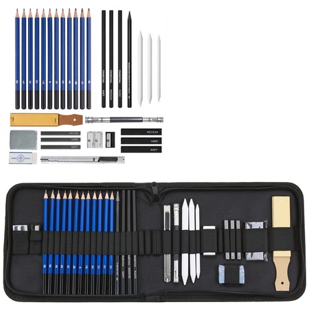 Set de creioane grafit, carbune pentru schite, desen, cu accesori, 33 ...