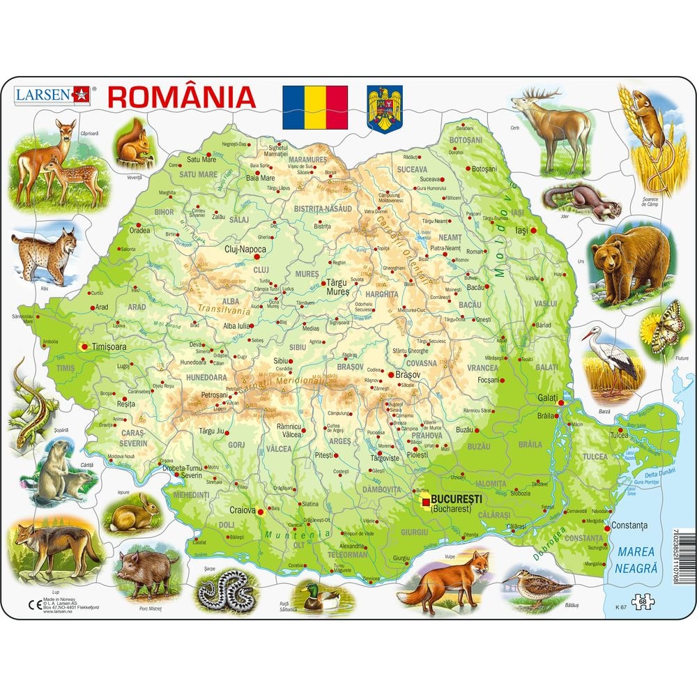 Puzzle Harta fizica a Romaniei cu animale (in romana), 68 piese, Larsen ...