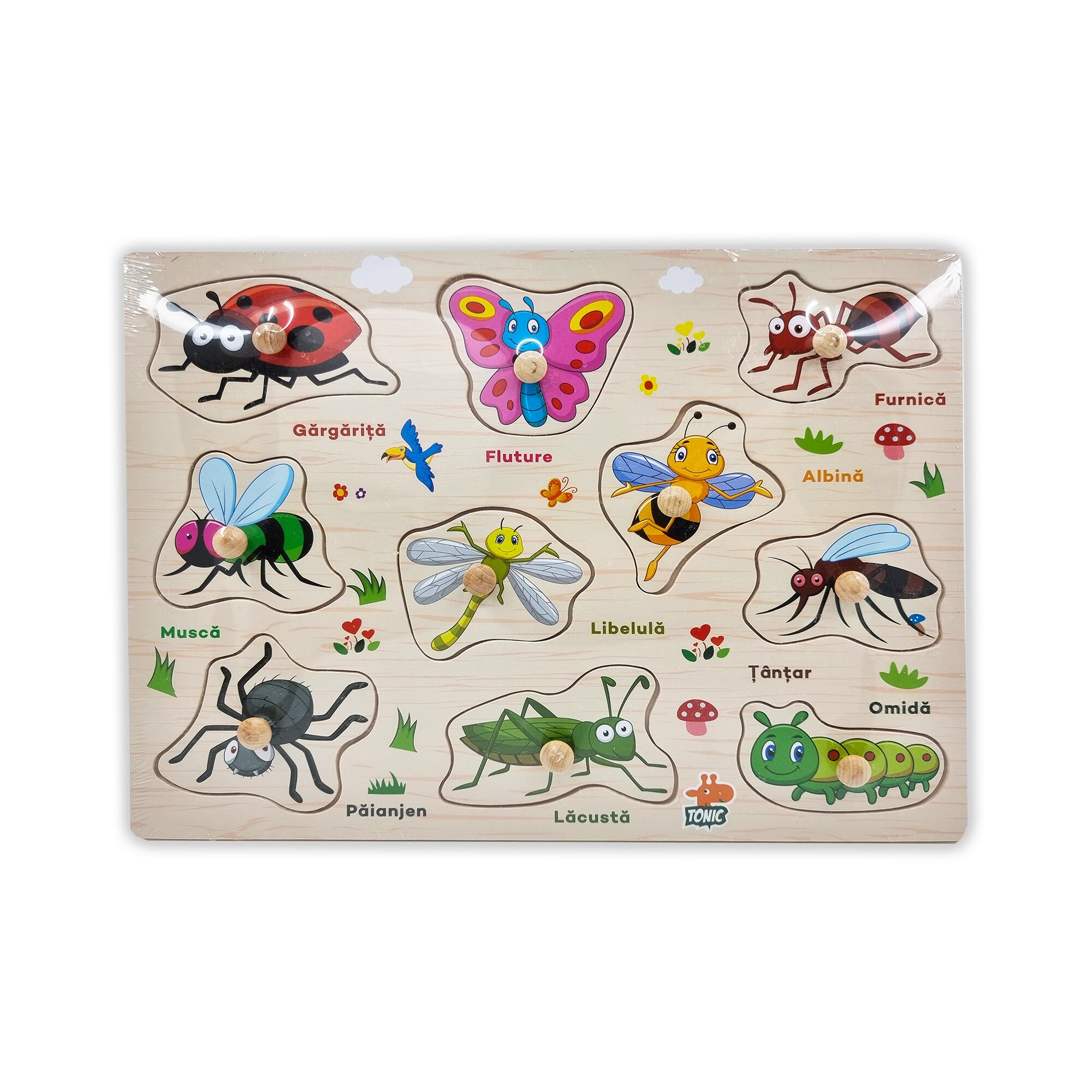 Puzzle din lemn cu denumiri in limba romana, 10 piese colorate - eMAG.ro