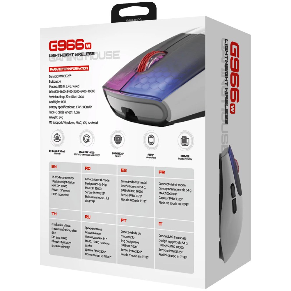 Mouse wireless Monka G966W, ultrausor 54g, wireless 2.4GHz, Bluetooth 5 ...